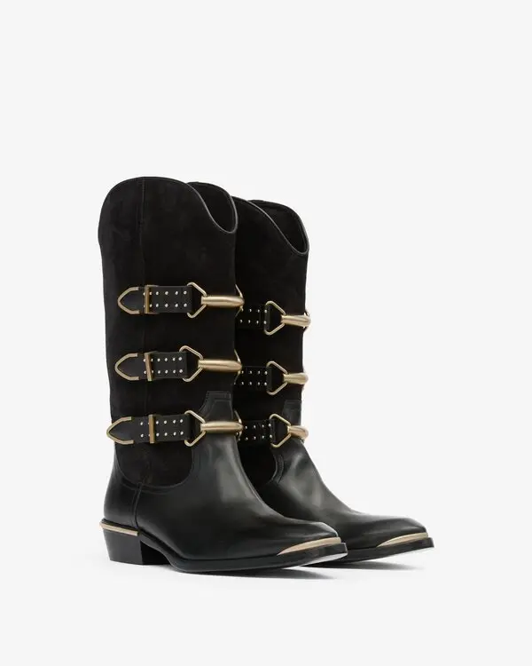Isabel Marant Étoile Suede And Calfskin Leather Buckled Boots - Black