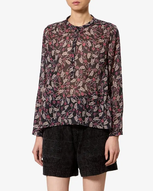ETOILE Maria Printed Cotton Voile Blouse - Black/raspberry