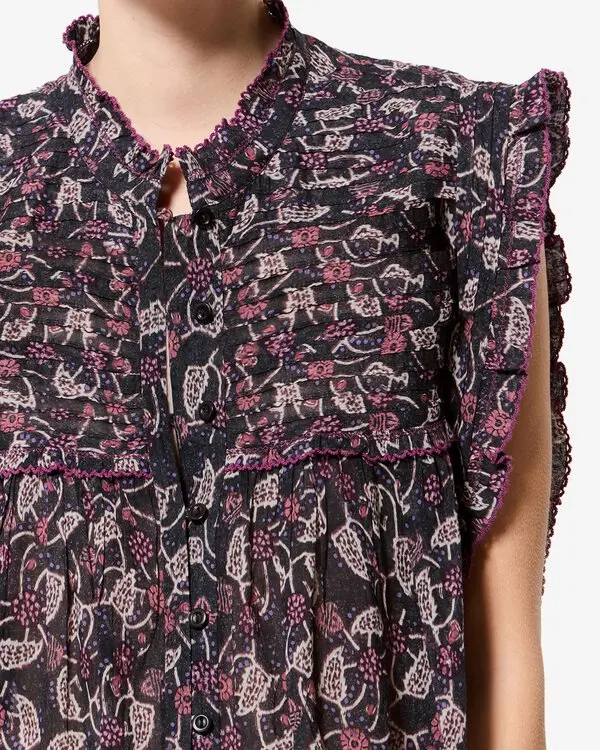 ETOILE Sleeveless Embroidered Cotton Voile Blouse - Black/raspberry