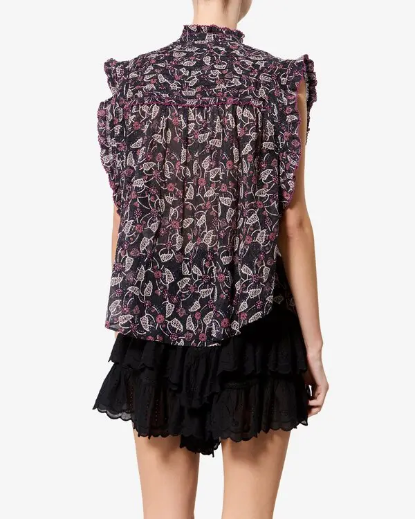 ETOILE Sleeveless Embroidered Cotton Voile Blouse - Black/raspberry