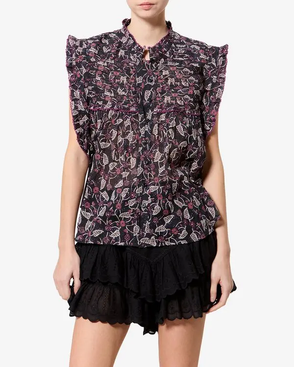 ETOILE Sleeveless Embroidered Cotton Voile Blouse - Black/raspberry