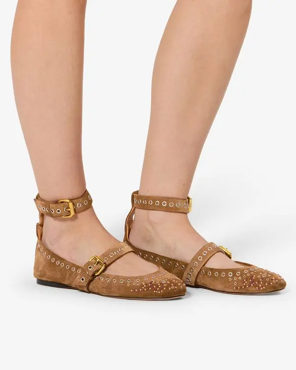 Isabel Marant Étoile Ylza Calfskin Suede Ballet Flats With Metal Studs - Cognac