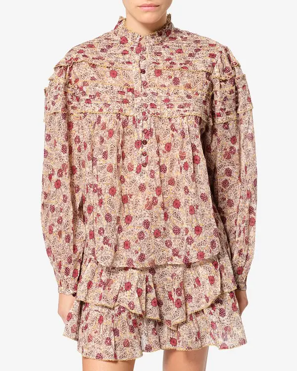 ETOILE Doane Printed Cotton Voile Blouse - Ecru-raspberry