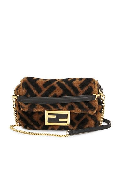 Fendi Shearling Vitello Dolce Macro Ff 1974 Mini Baguette Shoulder Bag - Brown