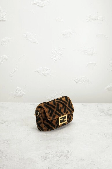 Fendi Shearling Vitello Dolce Macro Ff 1974 Mini Baguette Shoulder Bag