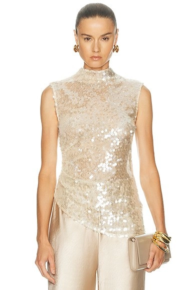 Lapointe Mesh Sequin Mockneck Top - Ecru