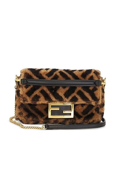 Fendi Shearling Vitello Dolce Macro Ff 1974 Mini Baguette Shoulder Bag - Brown