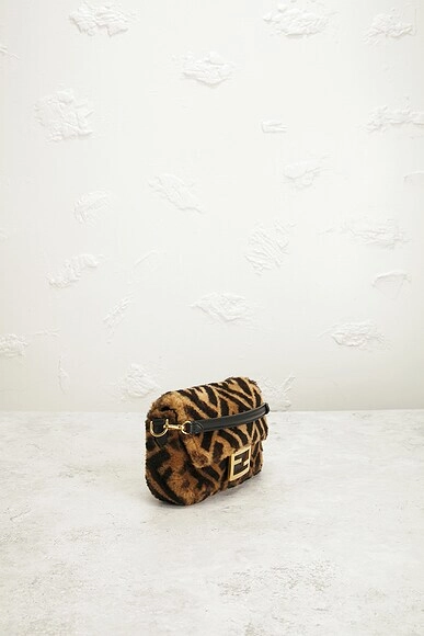Fendi Shearling Vitello Dolce Macro Ff 1974 Mini Baguette Shoulder Bag