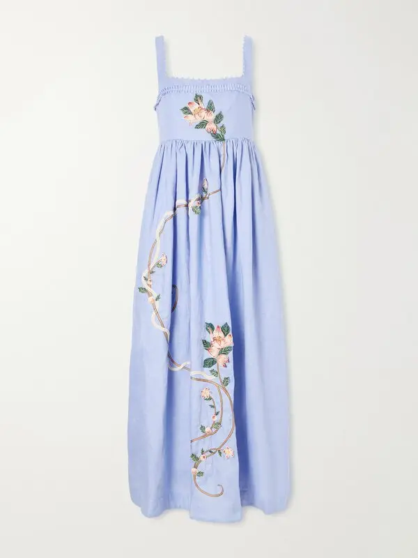 Agua Bendita Barbara Navegante Embellished Appliquéd Linen Maxi Dress - Blue