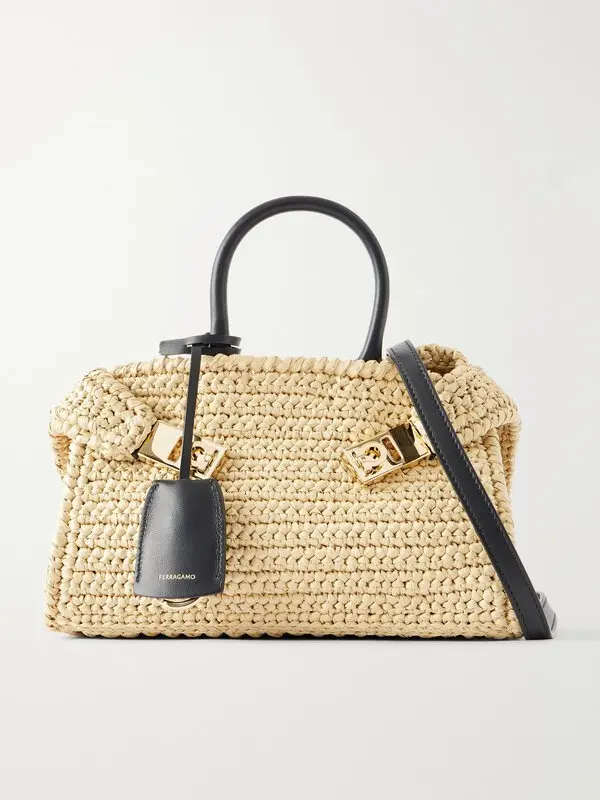 FERRAGAMO Hug Leather-trimmed Raffia Mini Shoulder Bag - Neutrals
