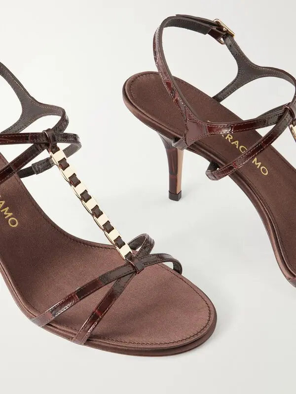 FERRAGAMO Tiane 70 Embellished Croc-effect Leather Sandals