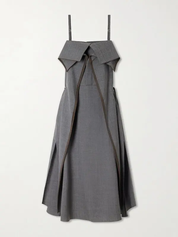 Sacai Pleated Ruffled Wool Midi Dress - Gray