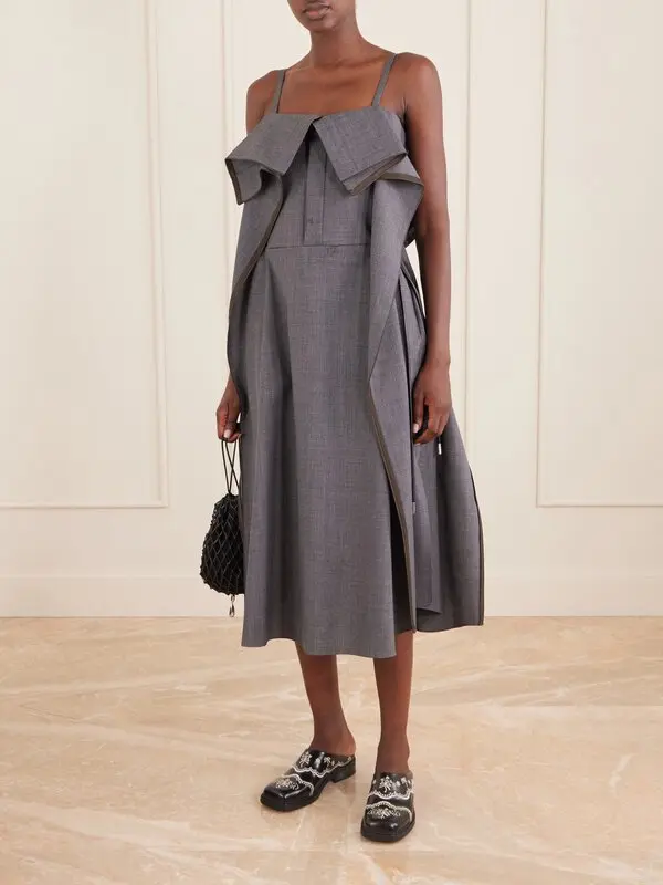Sacai Pleated Ruffled Wool Midi Dress