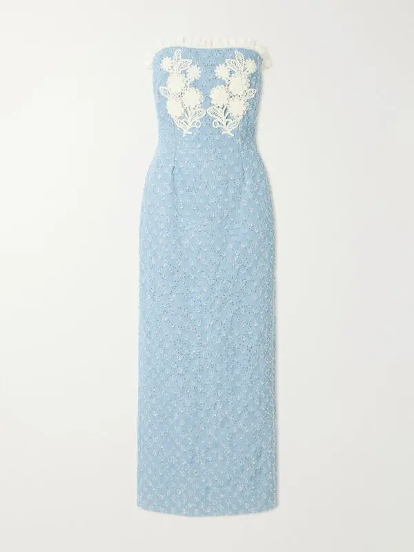 RODARTE Appliquéd Sequin-embellished Lace-trimmed Denim Midi Dress - Blue