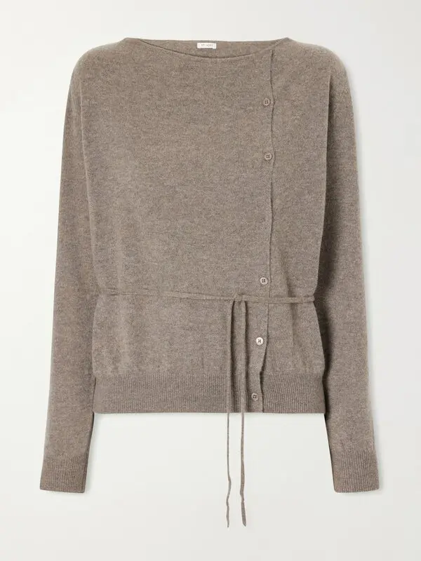 ST. AGNI Asymmetrical Belted Cashmere Cardigan - Metallic