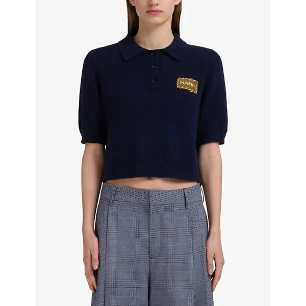 Marni Branded-patch Cropped Cashmere Polo Shirt