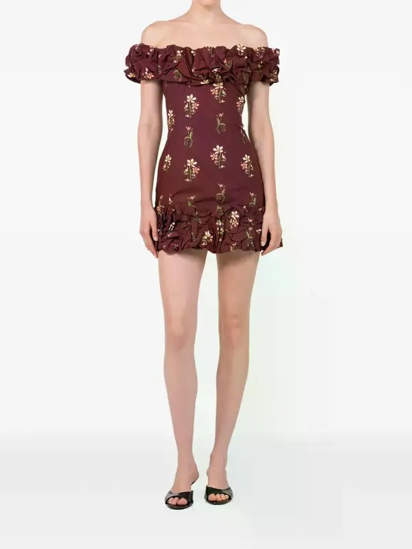 Agua Bendita Garden Night Ruffled Floral-print Mini Dress - Red