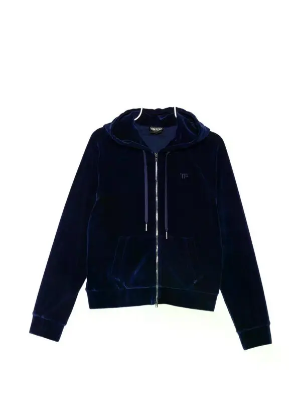 TOM FORD Velour Tonal Tf Embroidered Zip Hoodie - Blue