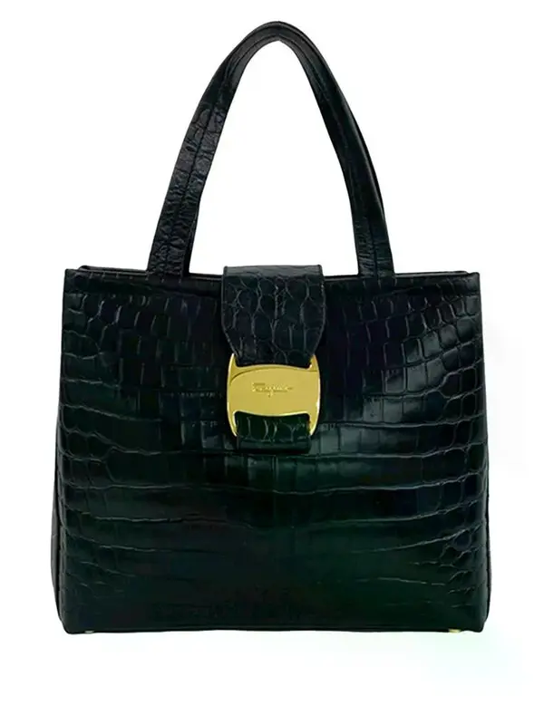 FERRAGAMO 2010-2026 Croc Embossed Leather Vara Bow Satchel - Black