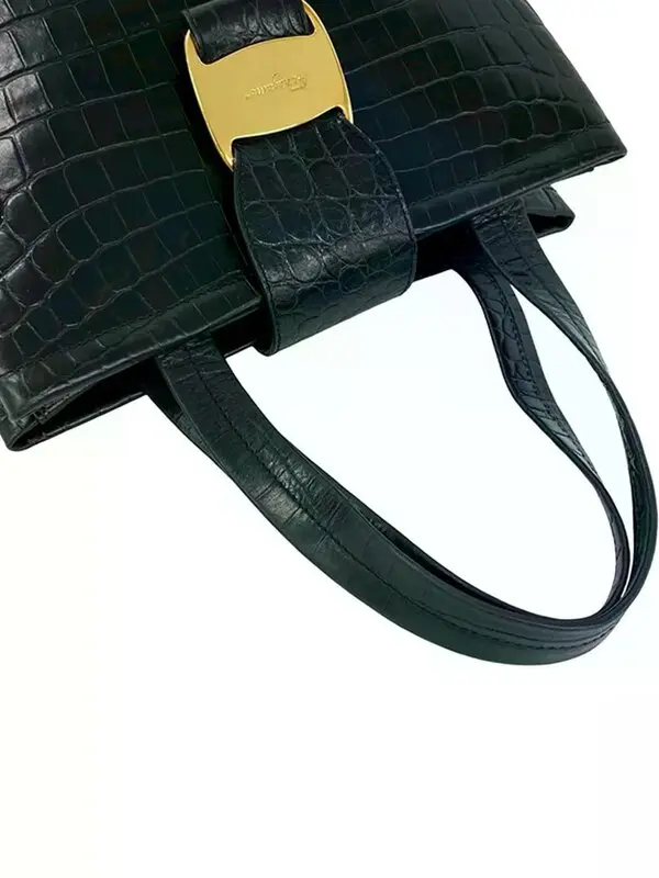 FERRAGAMO 2010-2026 Croc Embossed Leather Vara Bow Satchel