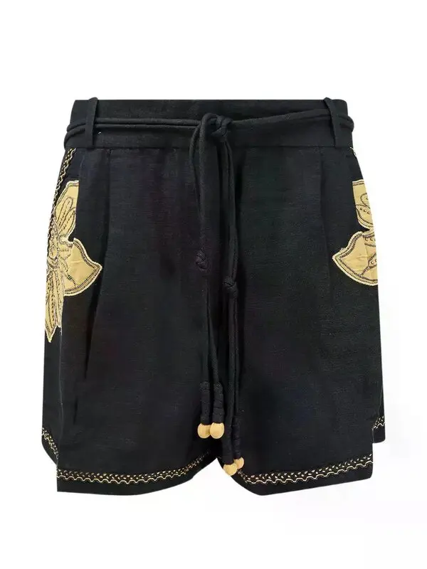 SCARLETT POPPIES Vareli Appliqué-detailed Linen Shorts - Black