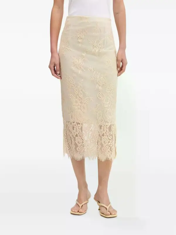 VICOLO Lace-overlay Side-slit Midi Skirt - Neutrals