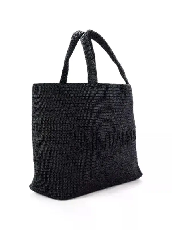 Saint Laurent Logo Supple Embroidered Raffia Tote Bag - Black
