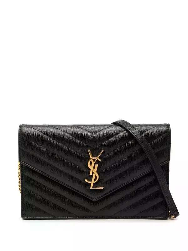Saint Laurent 2017 Grain De Poudre Chevron Cassandre Envelope Chain Wallet Crossbody Bag - Black