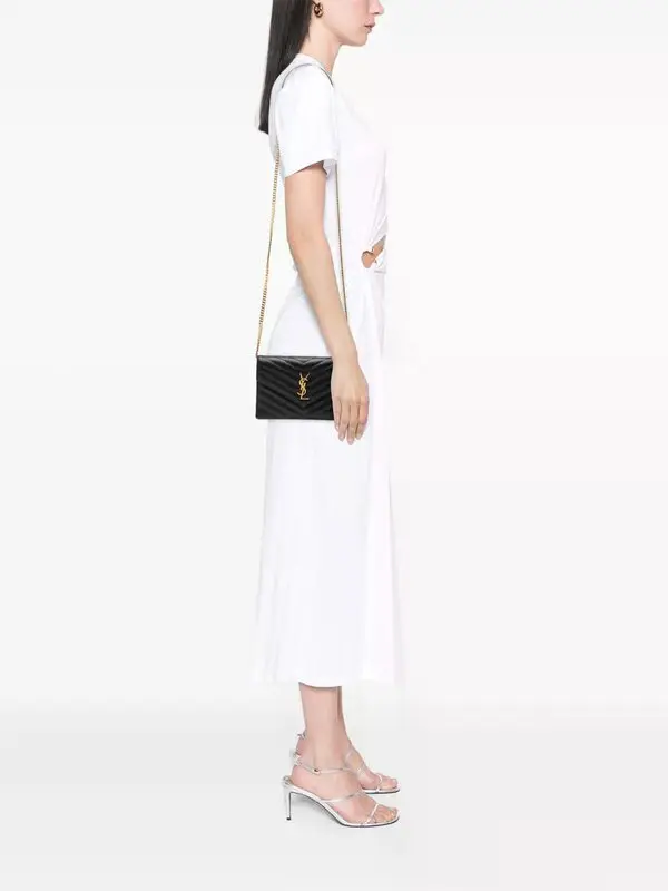 Saint Laurent Grain De Poudre Chevron Cassandre Envelope Chain Wallet Crossbody Bag - Black