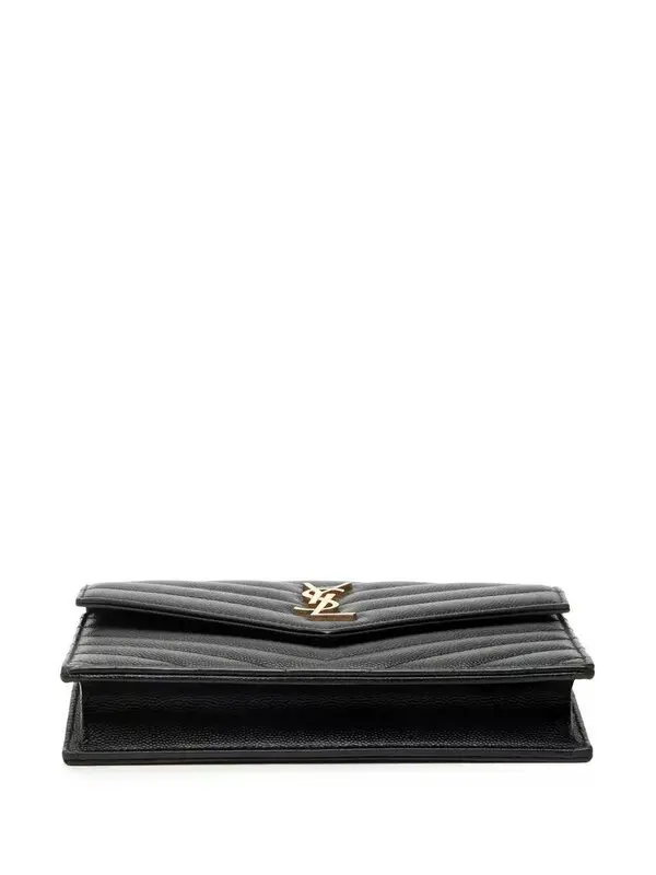 Saint Laurent Grain De Poudre Chevron Cassandre Envelope Chain Wallet Crossbody Bag - Black