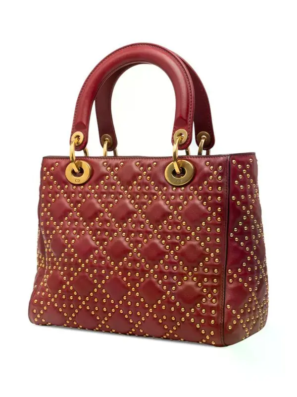 Dior 2017 Medium Lambskin Cannage Studded Supple Lady Satchel - Red