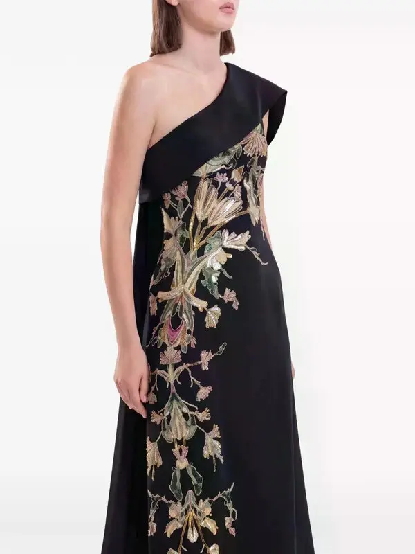 SAIID KOBEISY One-shoulder Floral Embroidered Evening Dress - Black