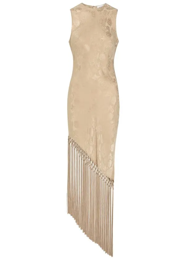 Ronny Kobo Alexina Asymmetric Tassel Silk-blend Midi Dress - Beige