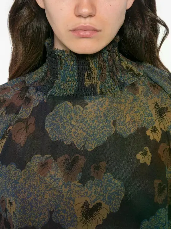 SIYU Floral-print Smocked-neck Blouse