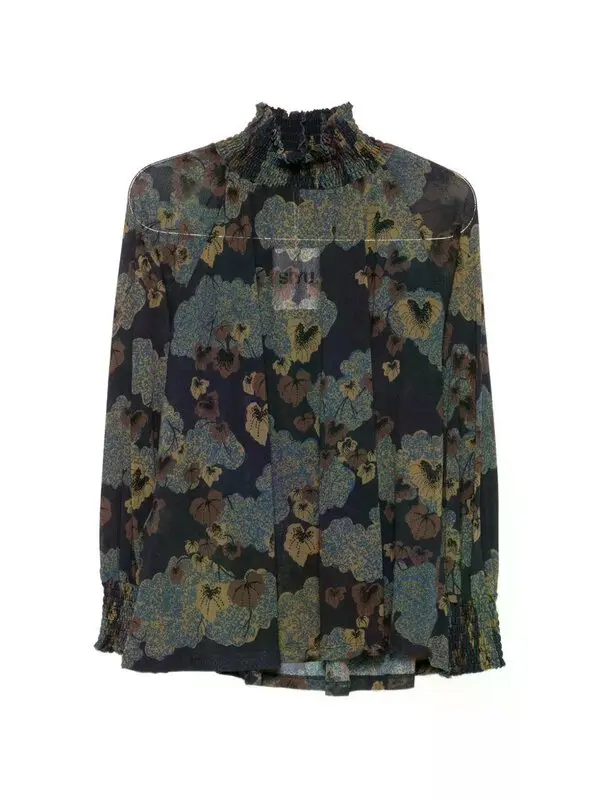 SIYU Floral-print Smocked-neck Blouse - Blue