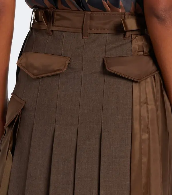 Sacai Layered Pleated Wool-trimmed Midi Skirt