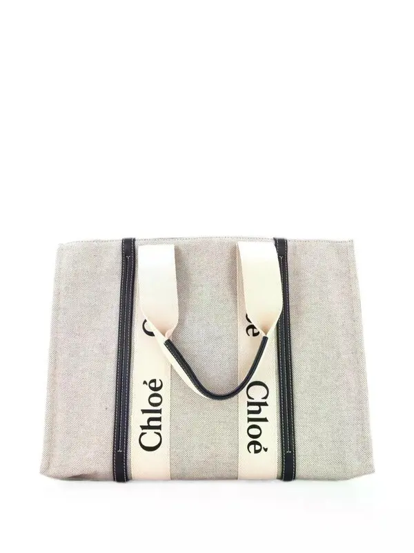 Chloé Woody Canvas With Leather Large Tote Bag - Neutrals