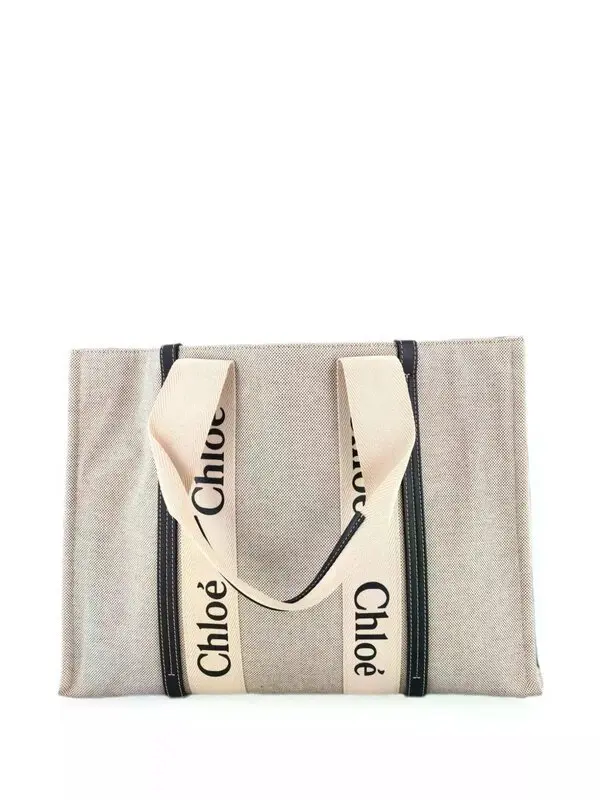 Chloé Woody Canvas With Leather Large Tote Bag - Neutrals