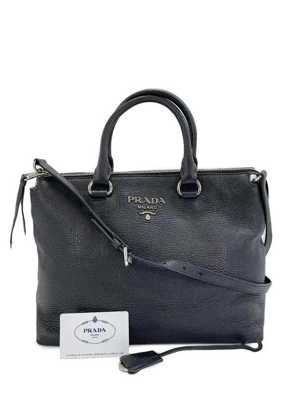 Prada Logo Plaque Grained Leather Handbag - Black