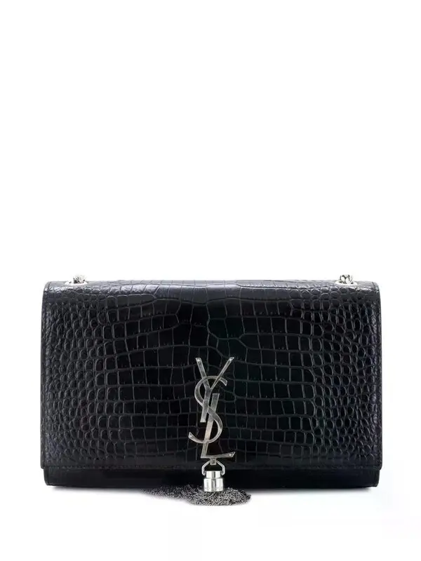Saint Laurent Classic Monogram Tassel Crocodile Embossed Leather Medium Crossbody Bag - Black