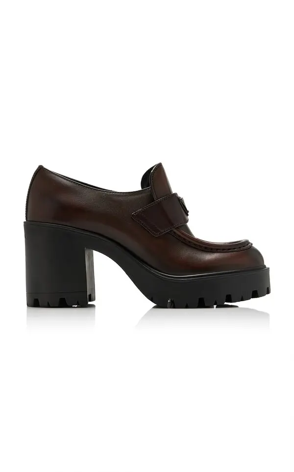 Prada Leather Platform Loafer Pumps - Brown