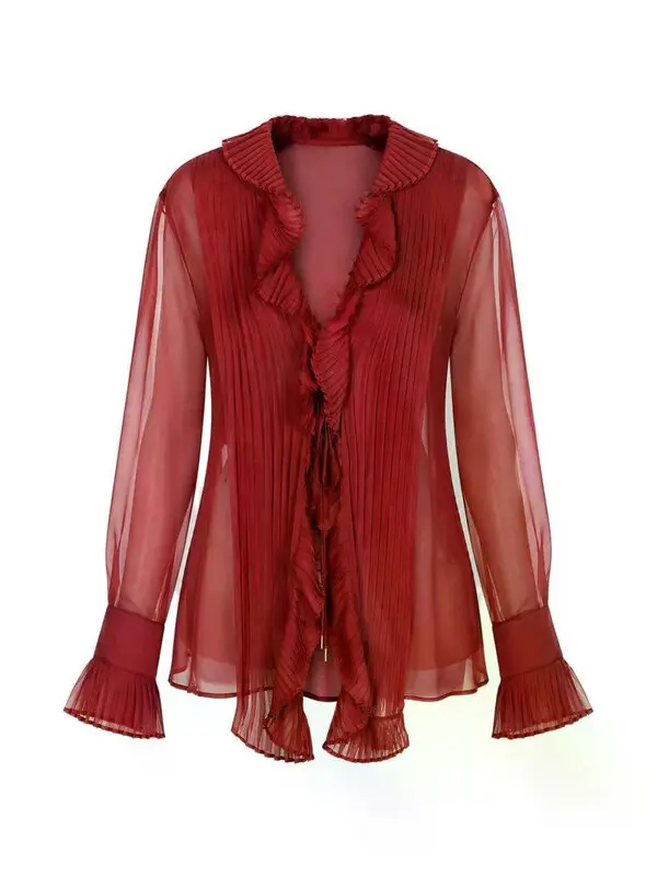 Alberta Ferretti Ruffled Pleated Silk Blouse - Red