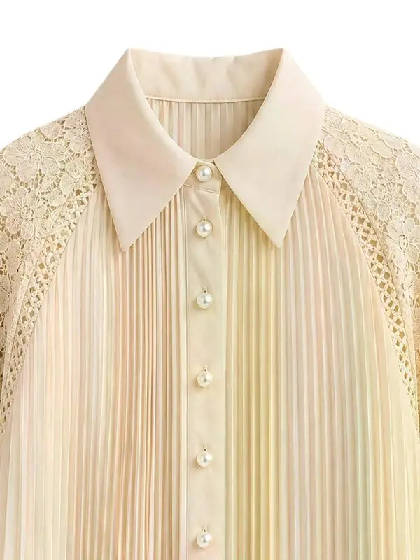 EDWARD ACHOUR PARIS Beige Floral Lace Pleated Shirt
