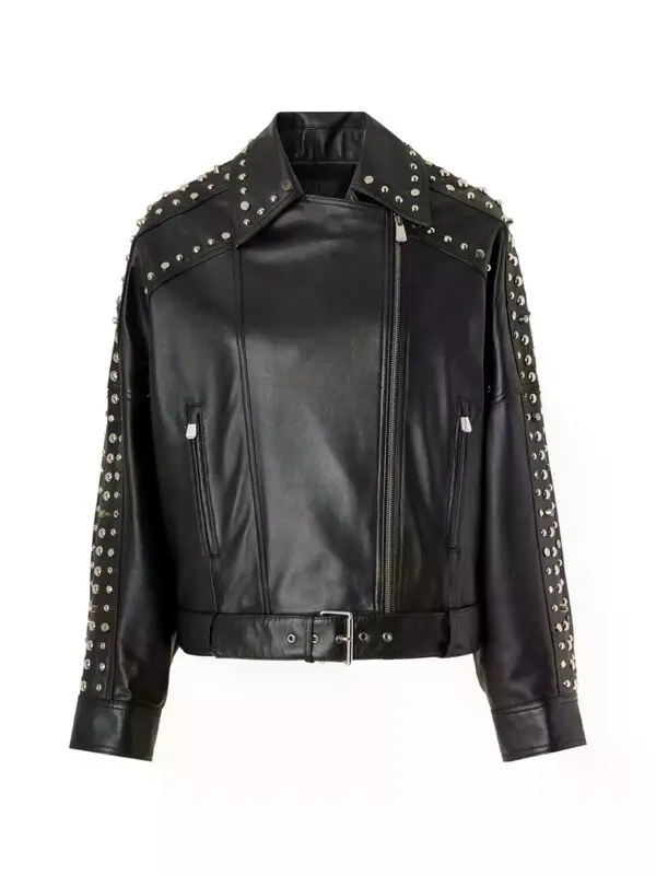 Pinko Stud-embellished Belted Leather Biker Jacket - Black