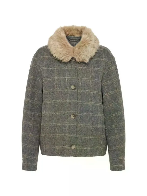 TWINSET Double Check Wool Caban Coat With Faux Fur - Grey