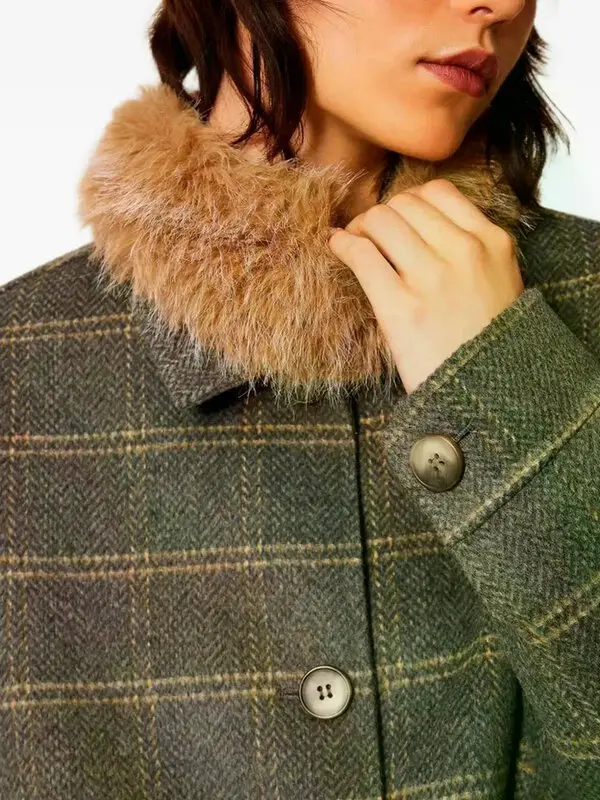 TWINSET Double Check Wool Caban Coat With Faux Fur