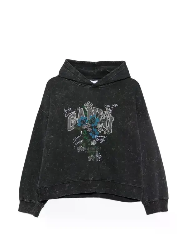 GANNI Graphic-print Acid-wash Hoodie - Grey