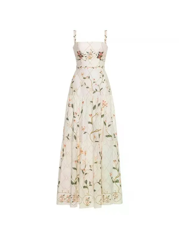 Agua Bendita Lima Navegante Embroidered Tiered Maxi Dress - Neutrals