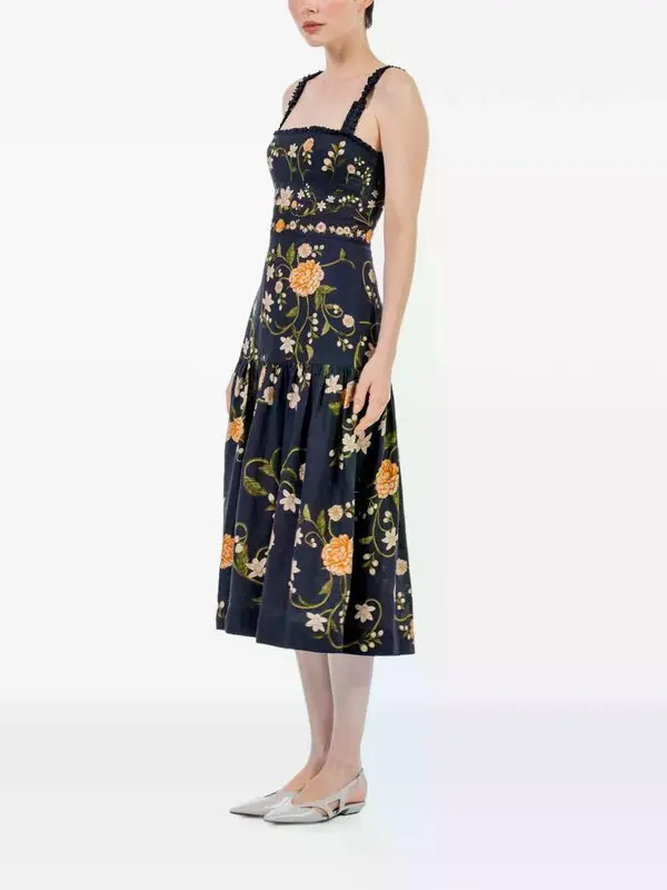 Agua Bendita Nispero Valle Embroidered Ruffled Midi Dress - Blue