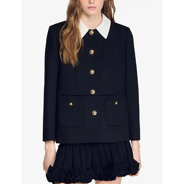 Sandro Contrast-collar Button-down Wool Jacket